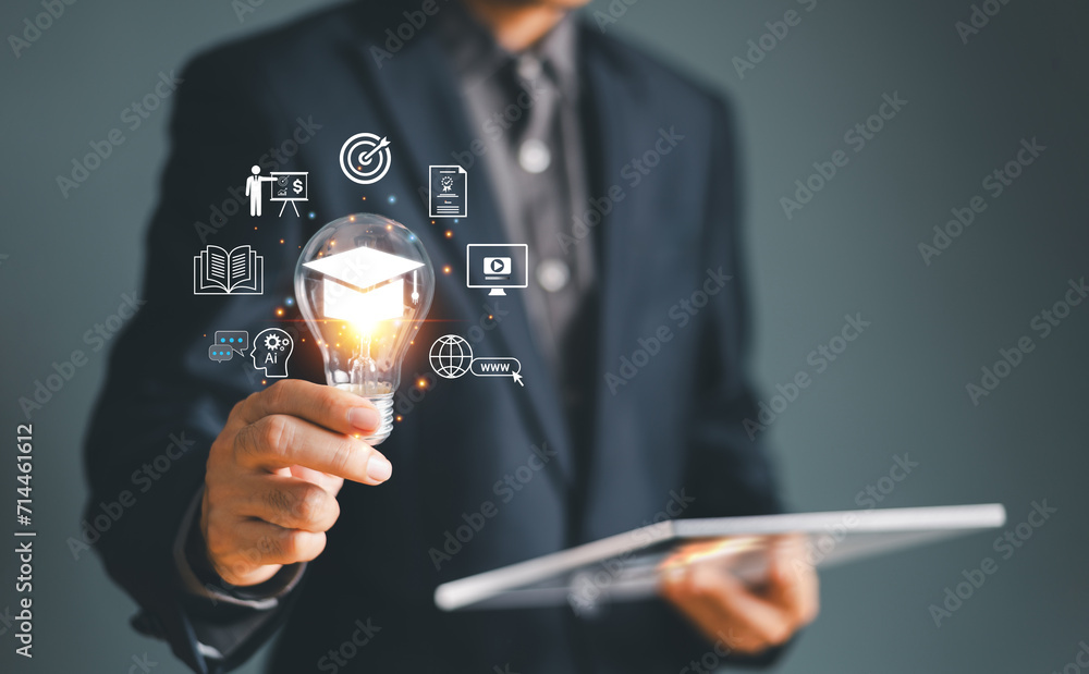 Study E-learning graduate certificate program concept. Businessman show ...