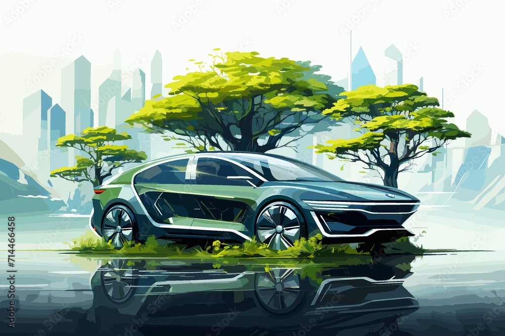 Shot of a Futuristic Self-Driving Van Moving on a Public Highway in a Modern City with Glass ...