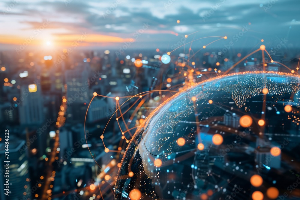 Global commerce and networking, Double exposure of a Globe with network ...
