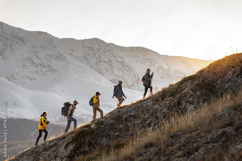 Group of young active hikers with backpacks walks uphill in mountains at sunset Stock Photo ...