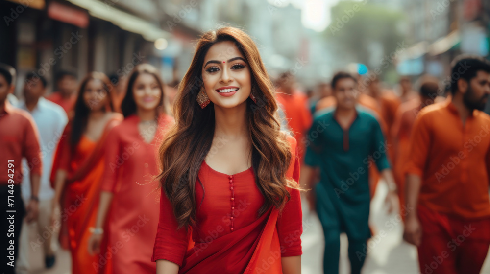 A radiant woman in traditional Indian red attire stands out in a crowd ...