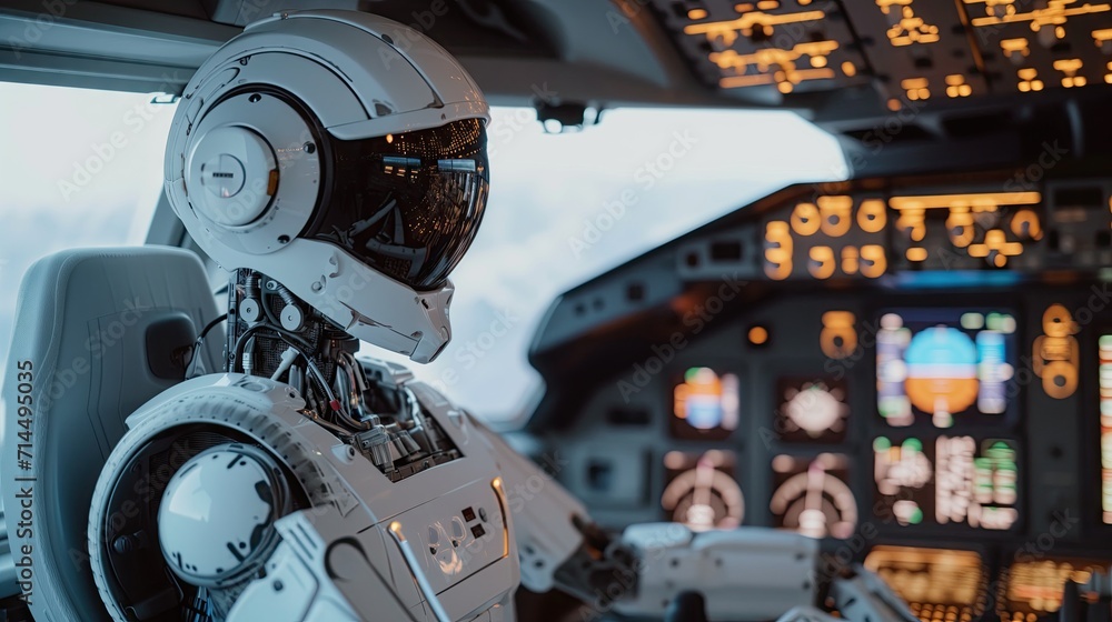 the robot artificial intelligence pilots the plane. sitting in the ...