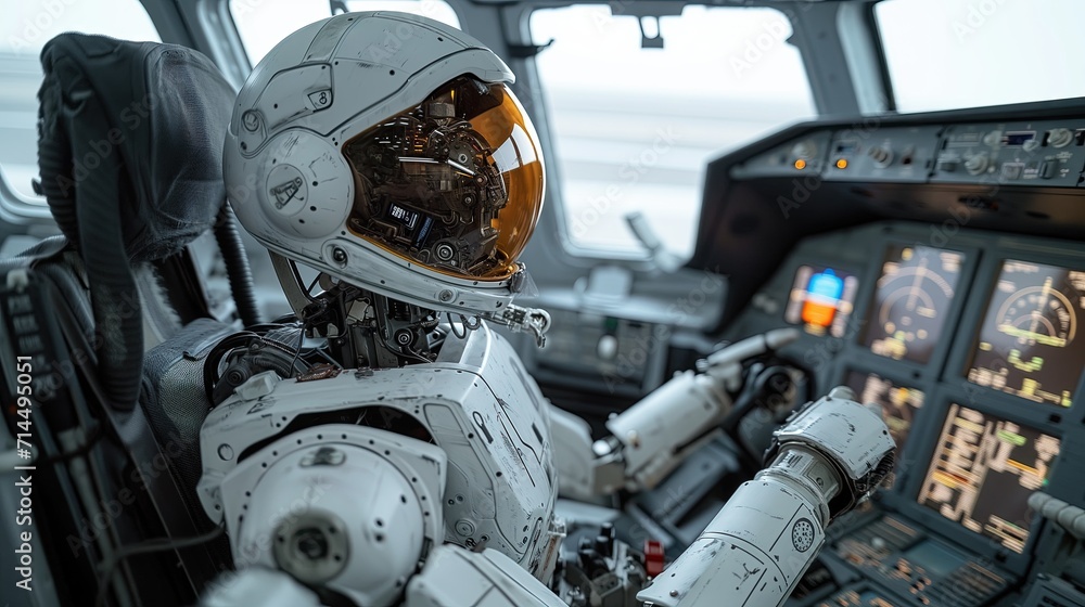 the robot artificial intelligence pilots the plane. sitting in the ...