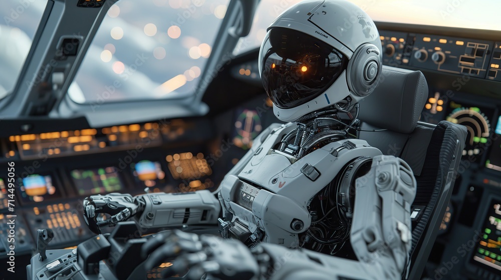 the robot artificial intelligence pilots the plane. sitting in the ...
