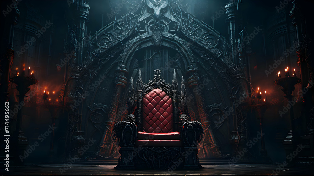 Majestic gothic dark fantasy castle hall with throne and torches ...