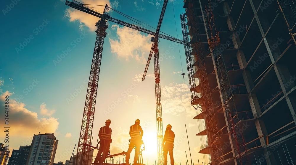 Team of brutal builders in a modern construction form, against the ...