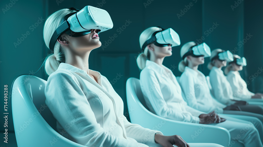 women wearing a virtual reality headset, engaged in an immersive ...