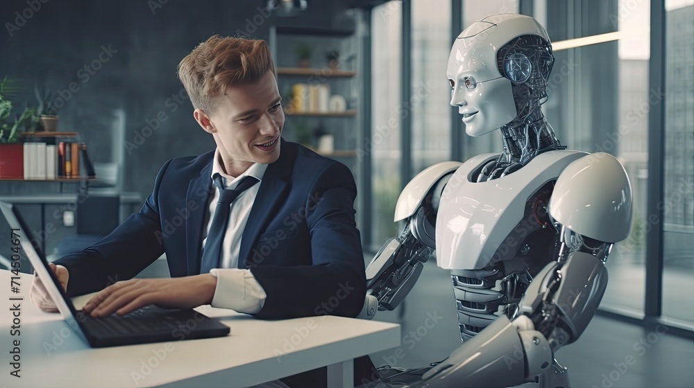 Friendly robot working with business human next to him in office ...