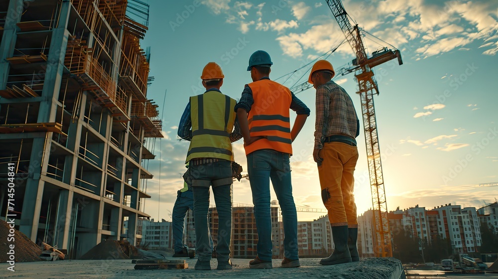 Team of brutal builders in a modern construction form, against the ...