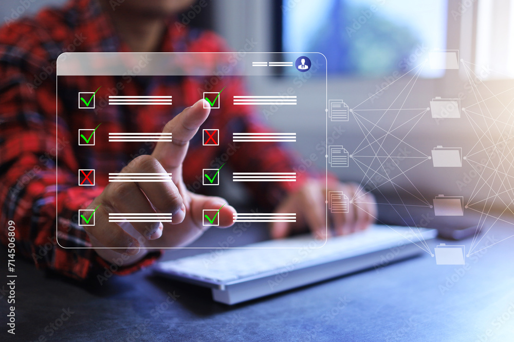 Man tick correct and wrong sign on check box to answer questionnaire in ...