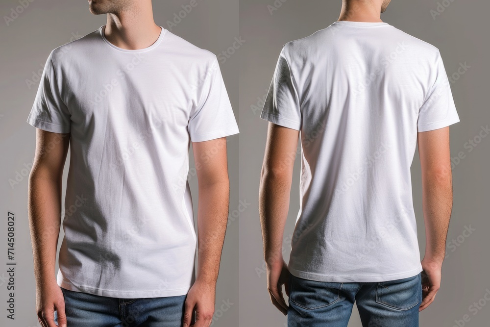 Front and back view of a plain white t shirt on a male model Stock ...