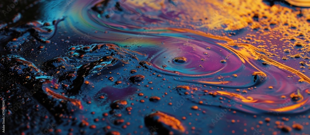 Colorful shapes and iridescence against a reflective surface. Tar and ...