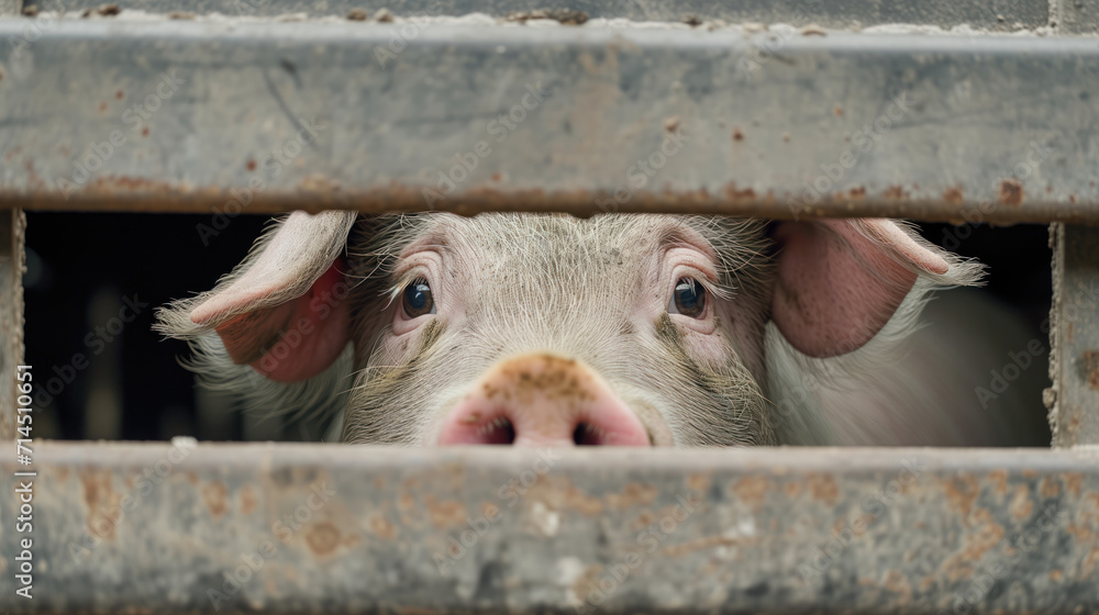 sad pig looking through gap in steel gate Stock Photo | Adobe Stock