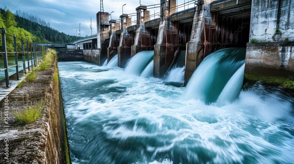 hydroelectric dam, water discharge through locks, river, power, energy ...