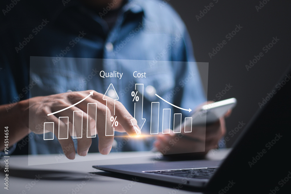 Cost and quality control concept, Person use laptop with virtual cost and quality icons to ...