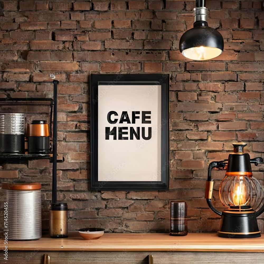 ont view blank black menu frame on a brick wall with a lamp in loft ...