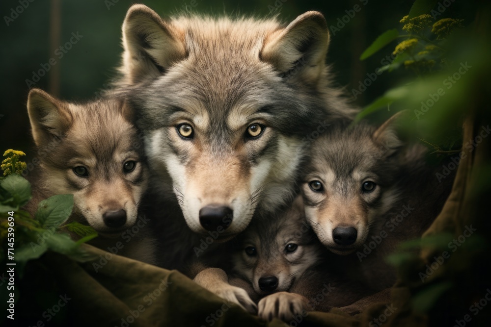 gray mother wolf with her cubs, litter cozy cuddles together in her ...