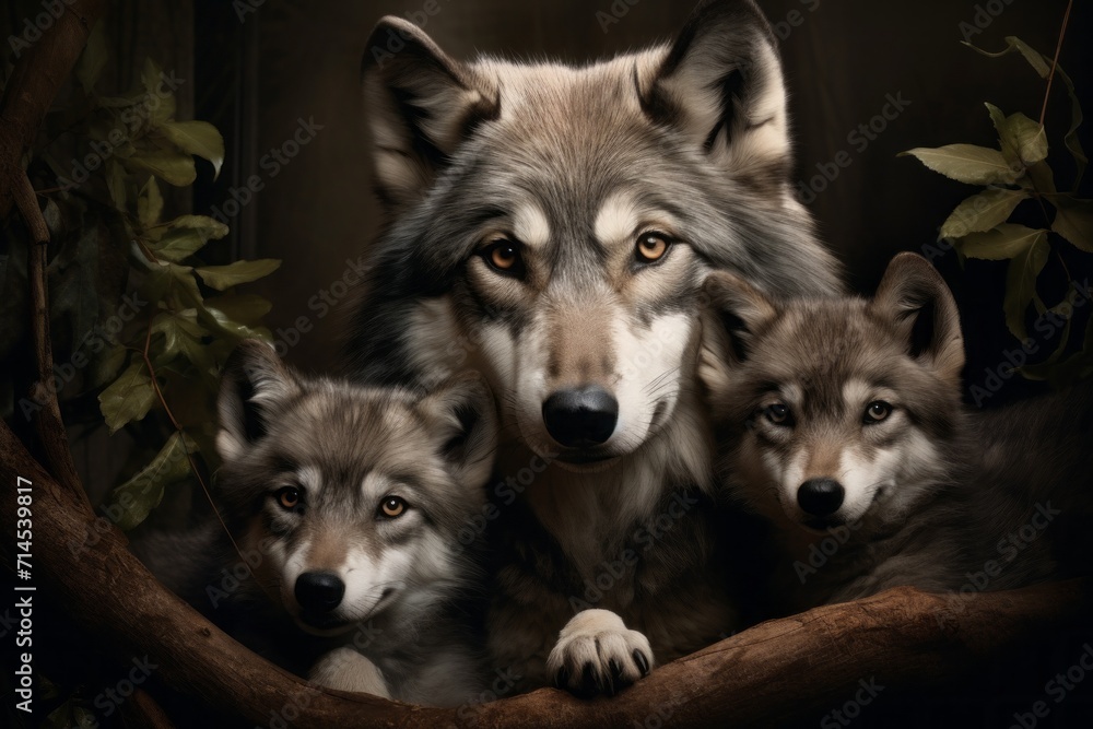 gray mother wolf with her cubs, litter cozy cuddles together in her ...