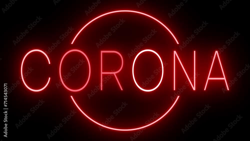 Flickering red retro style neon sign glowing against a black background ...