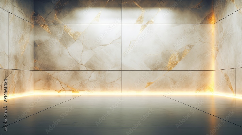 Empty marble stage room with glowing floor and wall lights and ...