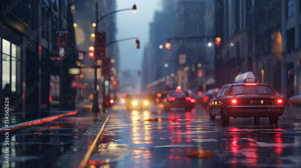 Cinematic Cityscape in Rain: Glowing Headlights and Raindrops on Urban ...