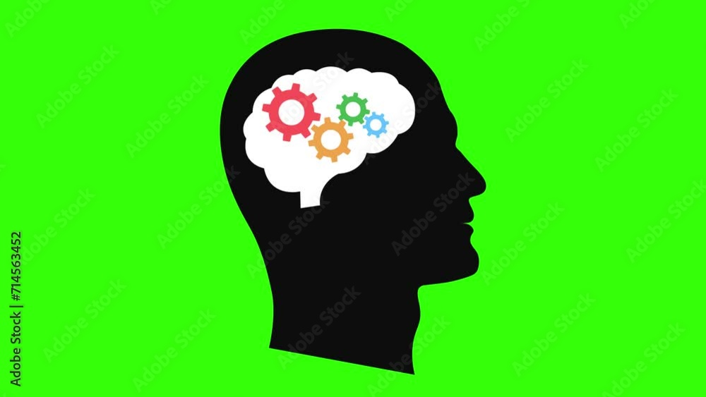 brain thinking animation brain head spinning gear thinking green screen ...