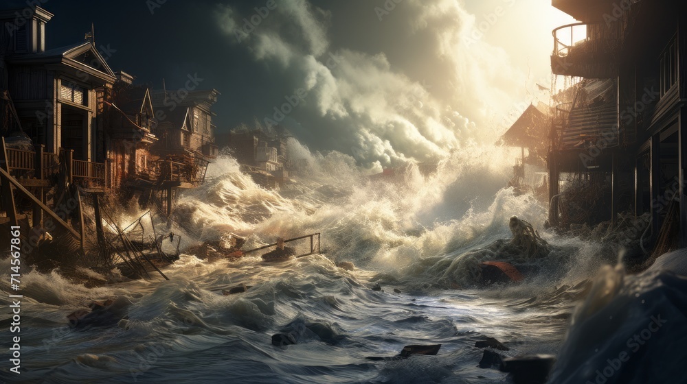 Massive flood after heavy rainfall goes through a city. Dangerous water ...