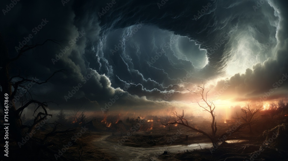 Massive tornado swirls destroying houses. Strong winds form a hurricane ...