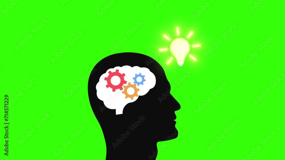 brain thinking idea light bulb animation brain head gear spinning ...