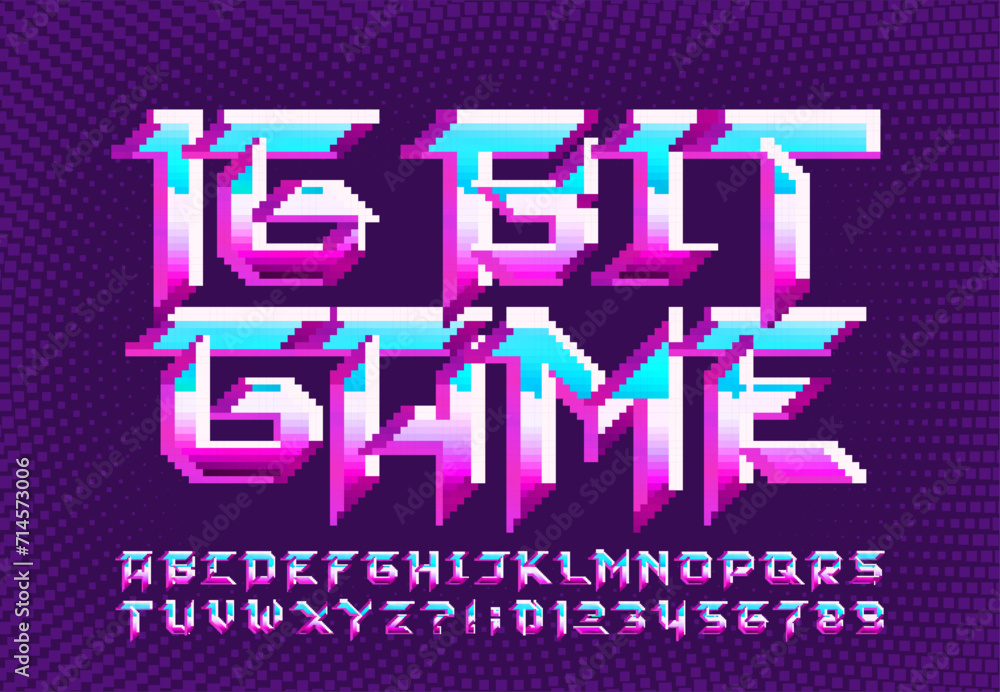 16 Bit Game alphabet font. Pixel letters and numbers. 80s 90s retro ...