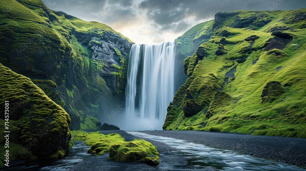 a very tall waterfall in the middle of a lush green valley with a river ...