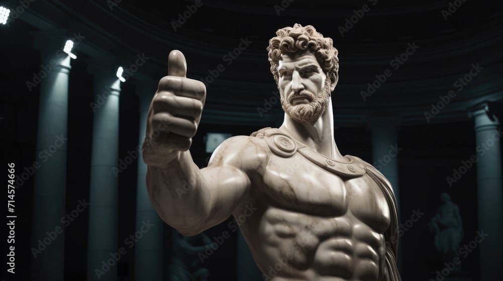 white statue of Greek philosopher Roman Emperor with thumbs up pose ...