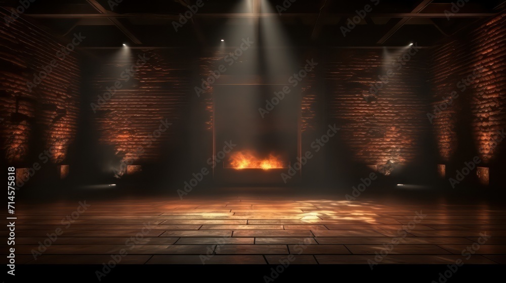 A fire burns in a dark room with a brick wall and a burning fire on the ...