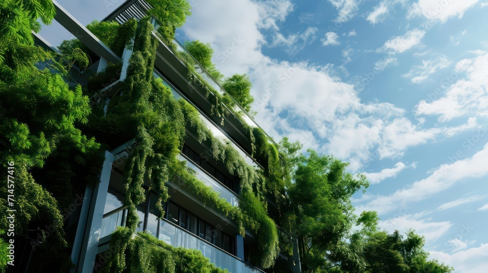 Greenery exterior glass window building full of plants, Green architecture is a style of ...