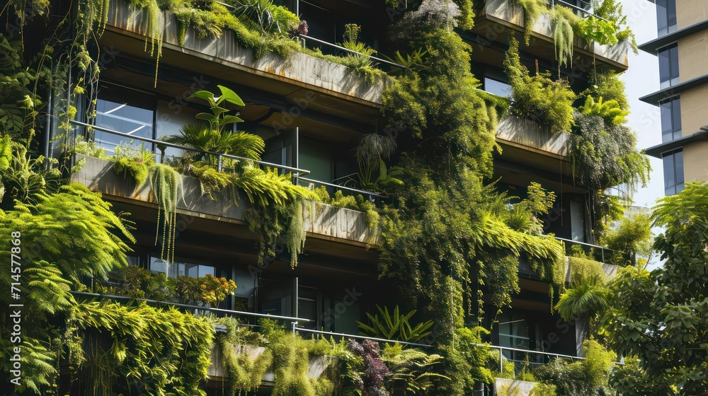 Greenery exterior glass window building full of plants, Green architecture is a style of ...