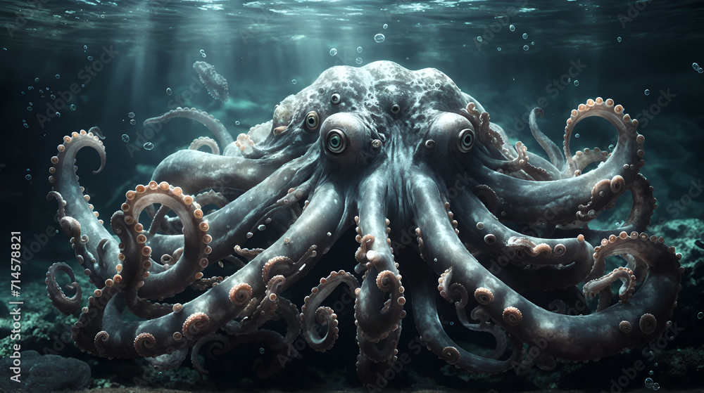 An octopus is in an underwater environment, with a dark background and ...