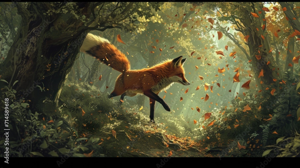 a painting of a fox running through a forest with leaves falling from ...