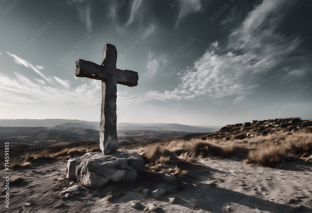 Christian stone cross on the stone. Holy cross symbolizing the death ...