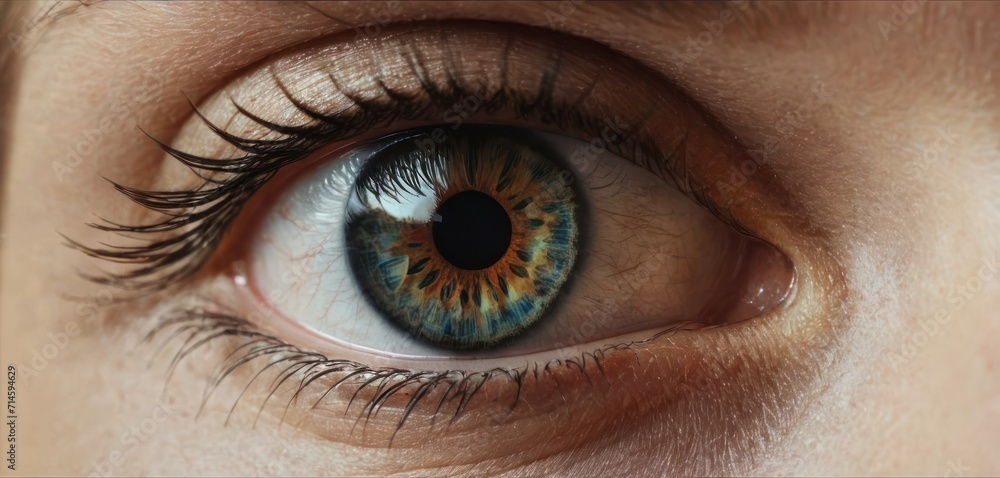 a close up of a person's eye with a blue and yellow eyeball in the ...