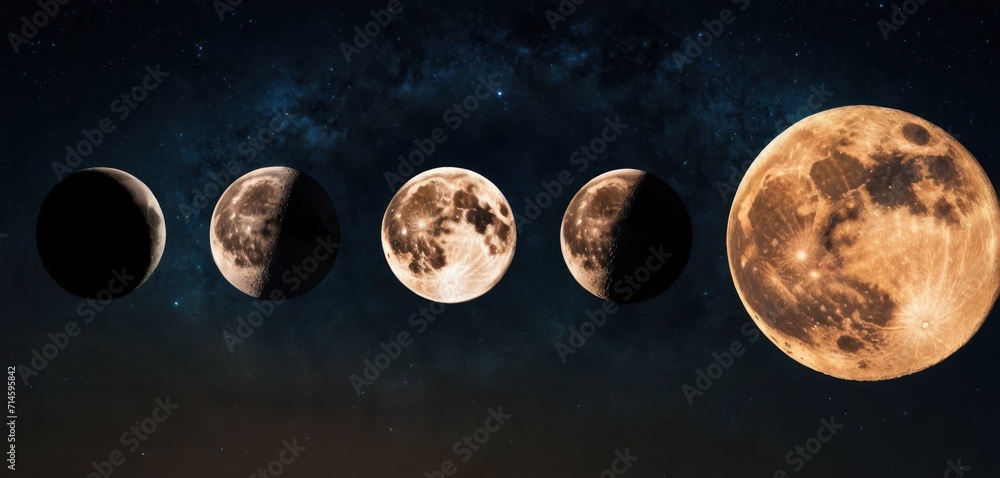 five phases of the moon in a row on a dark blue background with stars ...