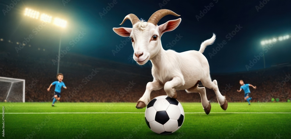 a goat is kicking a soccer ball on a field in front of a crowd of ...