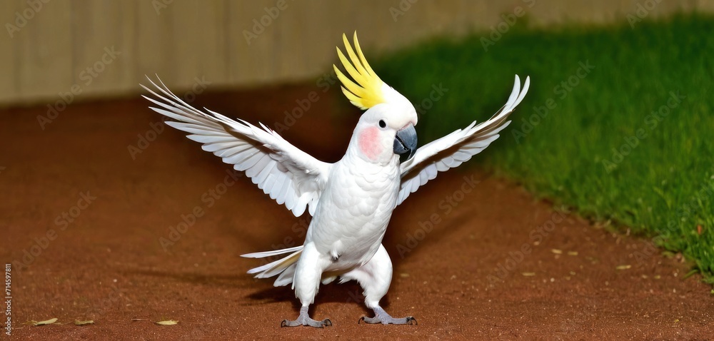 a white bird with a yellow mohawk on its head is standing on its hind ...