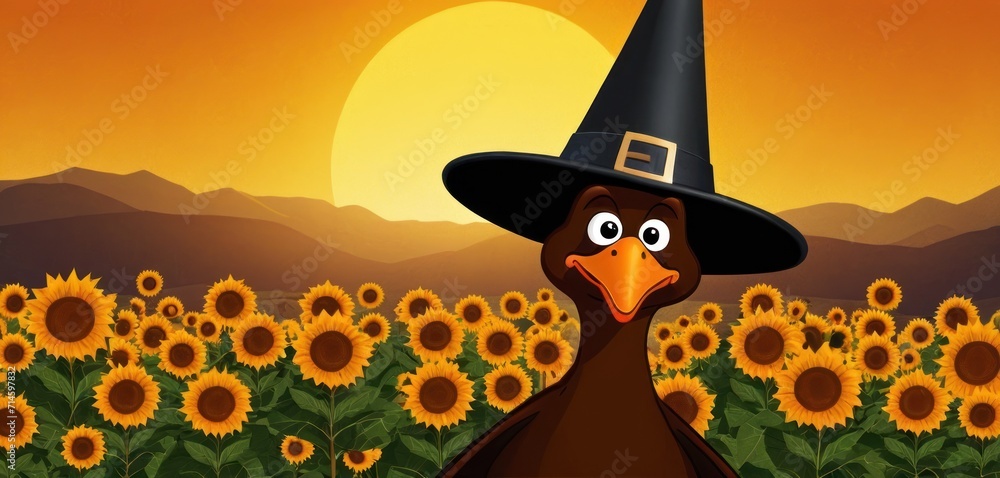 a turkey wearing a witches hat in front of a field of sunflowers with a ...