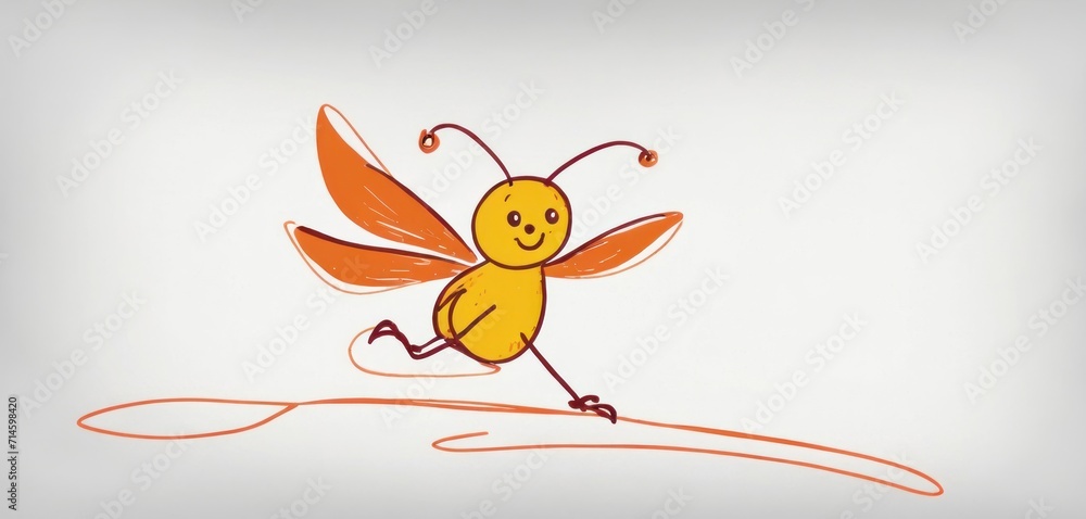 a drawing of a yellow bee with orange wings and a smile on it's face ...