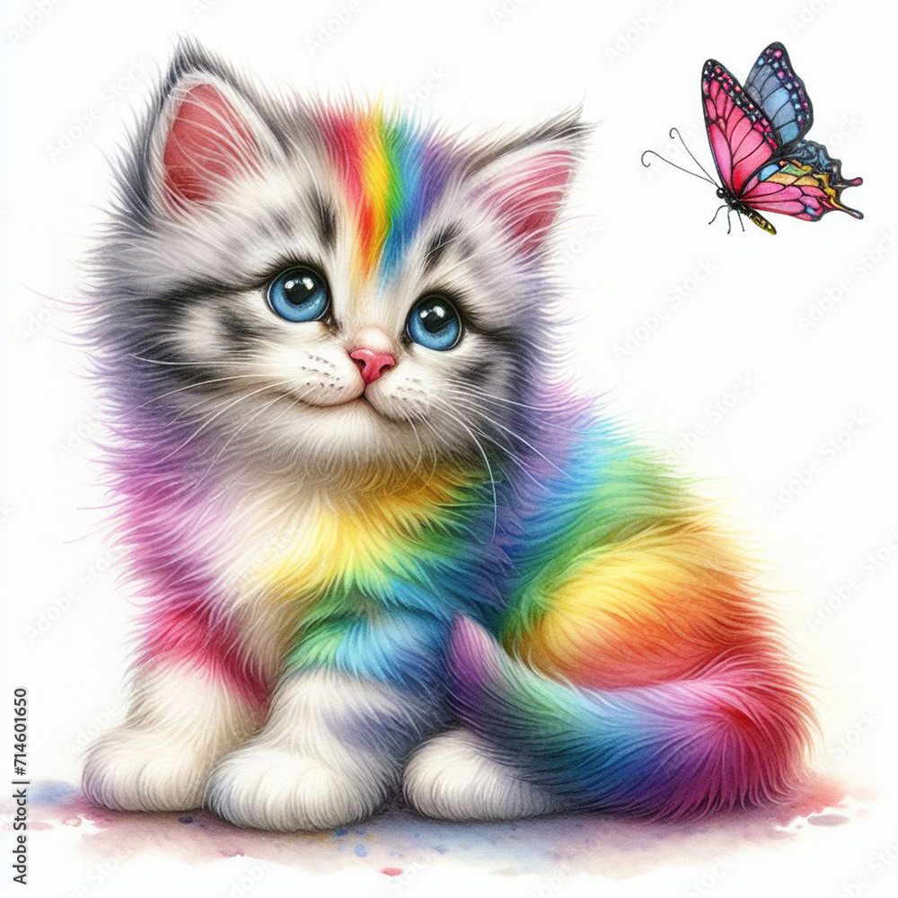 The image shows a rainbow colored kitten The kitten has big, bright ...