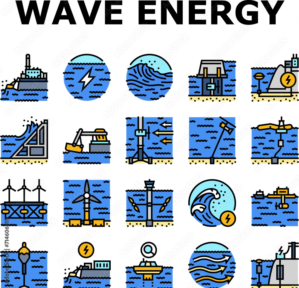 Wave Energy Power Tidal Icons Set Vector Sea Plant Hydro Electric Tide Generation Station