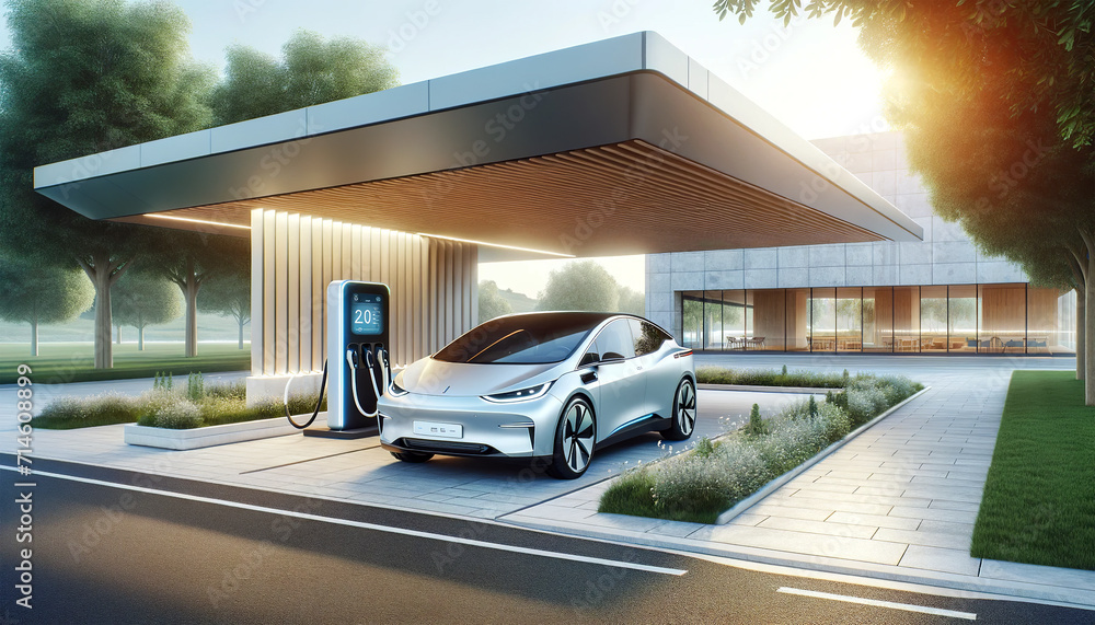 A modern electric car charging at an eco-friendly station with a sleek ...