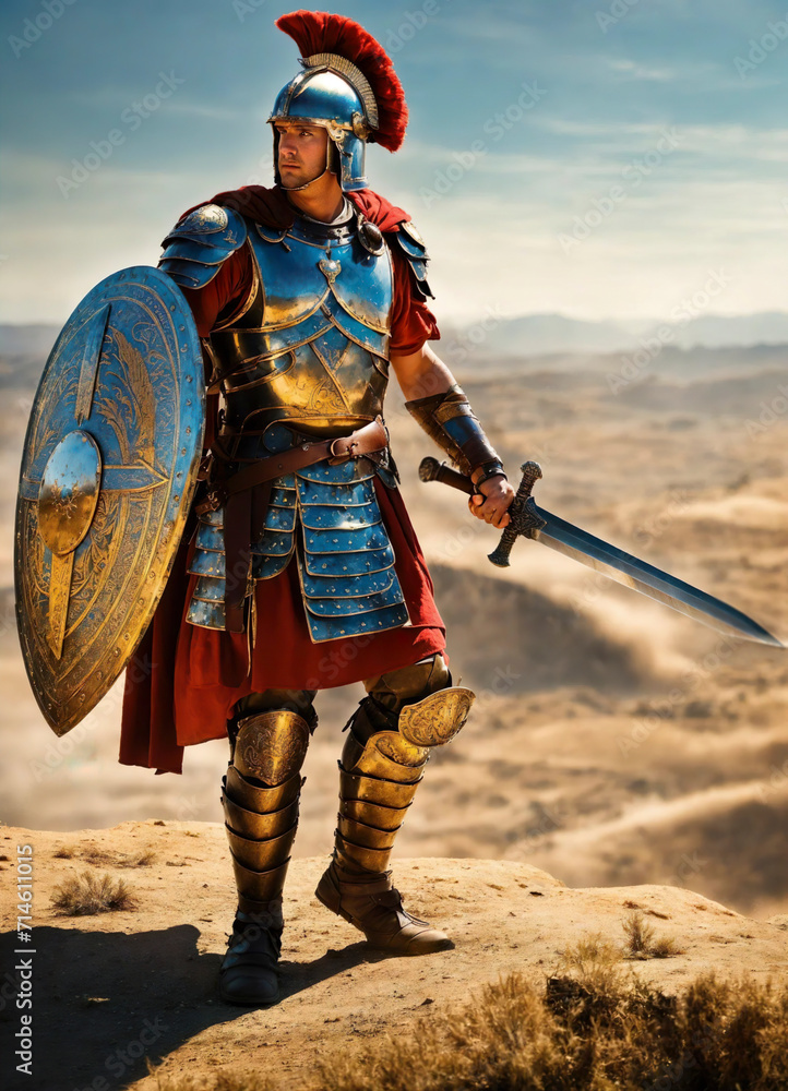 Roman male legionary (legionaries) wear helmet with crest, long sword ...