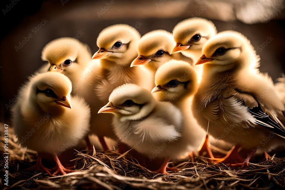 A group of adorable baby chicks huddled together under a heat lamp ...