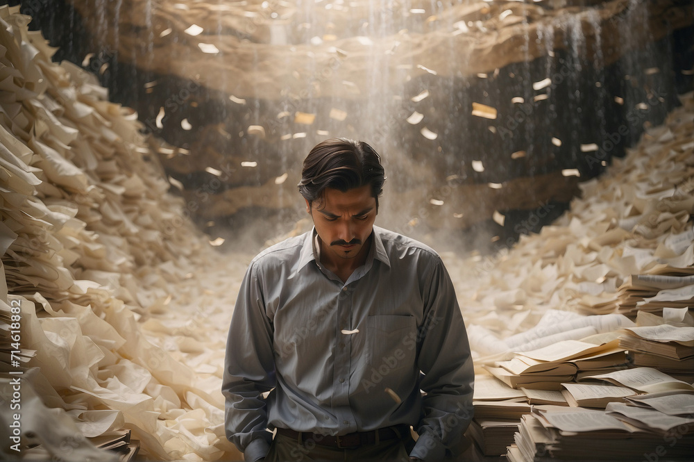 Deadline Deluge: A worker huddles under a waterfall of paper deadlines ...